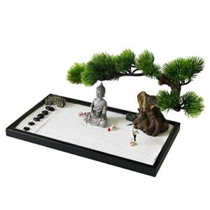 Japanese Tabletop Meditation Zen Garden Gift - Tabletop Rock Sand Meditating Garden Bridge Bamboo Rakes Bonsai Tree Plant Pagoda Accessories Tools Kits Office Home Desktop Relaxation Sandbox Decor