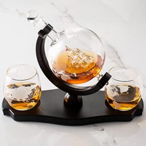 Verolux Whiskey Globe Decanter Set with 2 Etched Globe Glasses in Gift Box - Home Bar Accessories for Liquor, Whiskey, Brandy, Gin, Rum, Tequila, Vodka, and Brandy