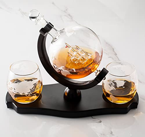 Verolux Whiskey Globe Decanter Set with 2 Etched Globe Glasses in Gift Box - Home Bar Accessories for Liquor, Whiskey, Brandy, Gin, Rum, Tequila, Vodka, and Brandy