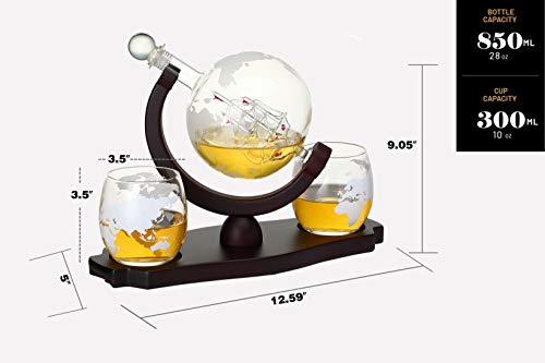 Verolux Whiskey Globe Decanter Set with 2 Etched Globe Glasses in Gift Box - Home Bar Accessories for Liquor, Whiskey, Brandy, Gin, Rum, Tequila, Vodka, and Brandy