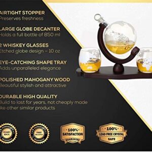 Verolux Whiskey Globe Decanter Set with 2 Etched Globe Glasses in Gift Box - Home Bar Accessories for Liquor, Whiskey, Brandy, Gin, Rum, Tequila, Vodka, and Brandy