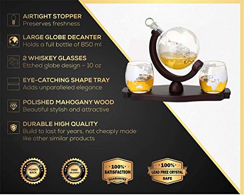 Verolux Whiskey Globe Decanter Set with 2 Etched Globe Glasses in Gift Box - Home Bar Accessories for Liquor, Whiskey, Brandy, Gin, Rum, Tequila, Vodka, and Brandy