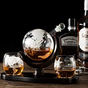 Verolux Whiskey Globe Decanter Set with 2 Etched Globe Glasses in Gift Box - Home Bar Accessories for Liquor, Whiskey, Brandy, Gin, Rum, Tequila, Vodka, and Brandy