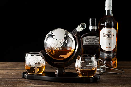 Verolux Whiskey Globe Decanter Set with 2 Etched Globe Glasses in Gift Box - Home Bar Accessories for Liquor, Whiskey, Brandy, Gin, Rum, Tequila, Vodka, and Brandy