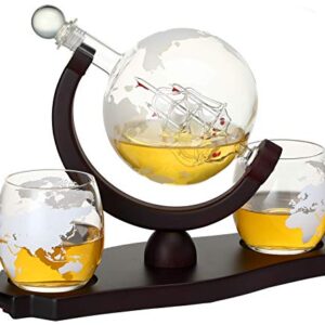 Verolux Whiskey Globe Decanter Set with 2 Etched Globe Glasses in Gift Box - Home Bar Accessories for Liquor, Whiskey, Brandy, Gin, Rum, Tequila, Vodka, and Brandy