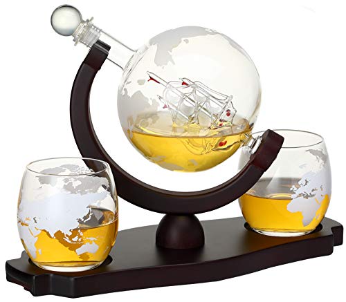 Verolux Whiskey Globe Decanter Set with 2 Etched Globe Glasses in Gift Box - Home Bar Accessories for Liquor, Whiskey, Brandy, Gin, Rum, Tequila, Vodka, and Brandy