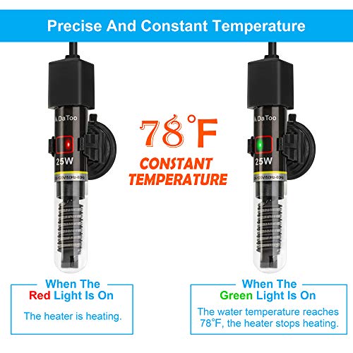 DaToo Mini Aquarium Heater 25W Small Fish Tank Heater 25 Watt with Free Thermometer Sticker