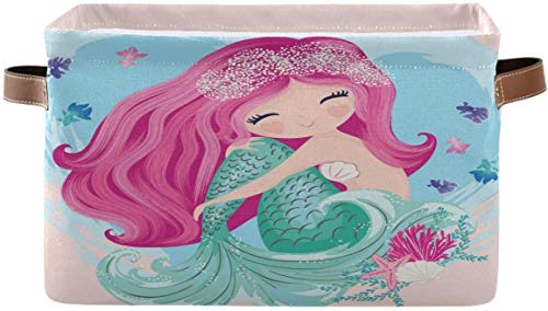 Moudou Mermaid Laundry Basket Square Collapsible Laundry Hamper Clothes Toys Storage Bin with Handles for Bedroom, Closet, Nursery, Dorm, Home Decor