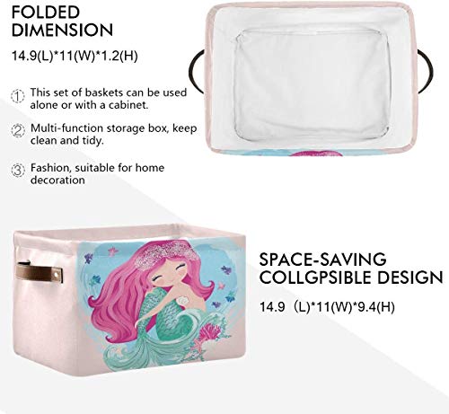 Moudou Mermaid Laundry Basket Square Collapsible Laundry Hamper Clothes Toys Storage Bin with Handles for Bedroom, Closet, Nursery, Dorm, Home Decor