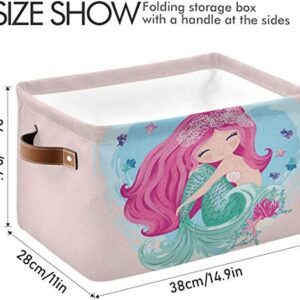 Moudou Mermaid Laundry Basket Square Collapsible Laundry Hamper Clothes Toys Storage Bin with Handles for Bedroom, Closet, Nursery, Dorm, Home Decor