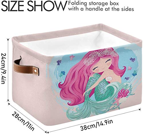 Moudou Mermaid Laundry Basket Square Collapsible Laundry Hamper Clothes Toys Storage Bin with Handles for Bedroom, Closet, Nursery, Dorm, Home Decor