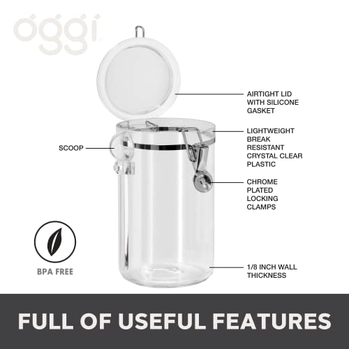 OGGI Clear Canister Airtight 59oz - Clamp Lid & Spoon - Airtight Food Storage Containers, Ideal for Kitchen & Pantry Storage of Bulk, Dry Food Including Flour, Sugar, Coffee, Rice, Tea, Spices & Herbs