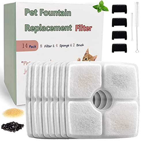 Aroundu Cat Fountain Filter Replacement 14 Packs for 84oz/2.5L Suqare Fountain 8 Filter 2 Brush 4 Sponge Included