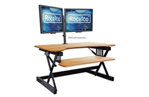 rocelco 32" height adjustable standing desk converter - sit stand computer workstation riser - dual monitor retractable keyboard tray gas spring assist - teak wood grain (r eadrt)