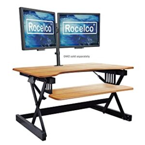 Rocelco 32" Height Adjustable Standing Desk Converter - Sit Stand Computer Workstation Riser - Dual Monitor Retractable Keyboard Tray Gas Spring Assist - Teak Wood Grain (R EADRT)