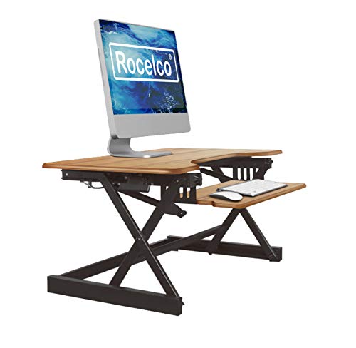 Rocelco 32" Height Adjustable Standing Desk Converter - Sit Stand Computer Workstation Riser - Dual Monitor Retractable Keyboard Tray Gas Spring Assist - Teak Wood Grain (R EADRT)