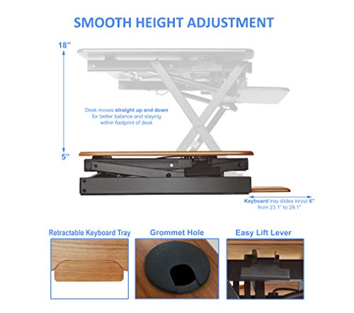 Rocelco 32" Height Adjustable Standing Desk Converter - Sit Stand Computer Workstation Riser - Dual Monitor Retractable Keyboard Tray Gas Spring Assist - Teak Wood Grain (R EADRT)