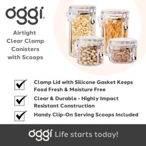 OGGI Clear Canister Airtight 38oz - Clamp Lid & Spoon - Airtight Food Storage Containers, Ideal for Kitchen & Pantry Storage of Bulk, Dry Food Including Flour, Sugar, Coffee, Rice, Tea, Spices & Herbs