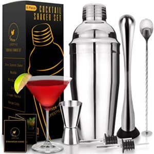 ignite lifestyle cocktail shaker set - 24oz martini shaker with built-in strainer, recipe book, muddler, mixing spoon, measuring jigger, 2 liquor pourers - drink shaker, bartender kit for home bars