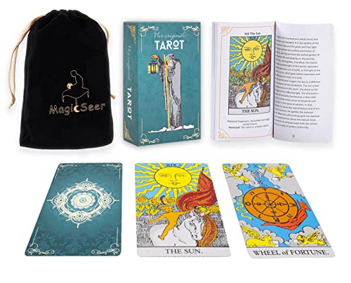 MagicSeer Original Tarot Cards,78 Durable Large Tarot Card Decks for Beginners and Expert,Tarot Cards Set with Velvet Tarot Card Bag Pouch for Gifts,Fortune Telling Cards Game