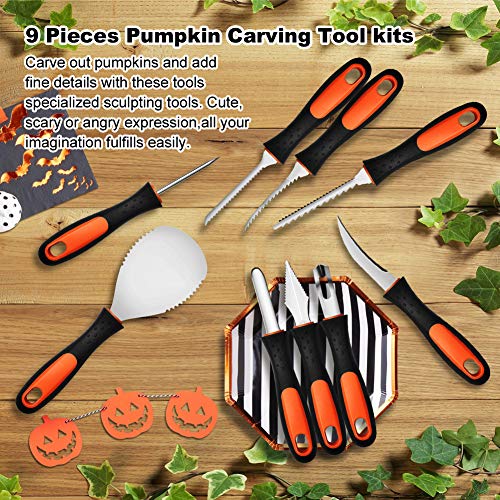 GoStock Pumpkin Carving Kit, Upgrade Soft Grip Rubber Handle 9 Pieces Pumpkin Carving Tools Set Heavy Duty Stainless Steel Masters Carving Kit with Zipper Bag for Halloween Jack-O-Lanterns