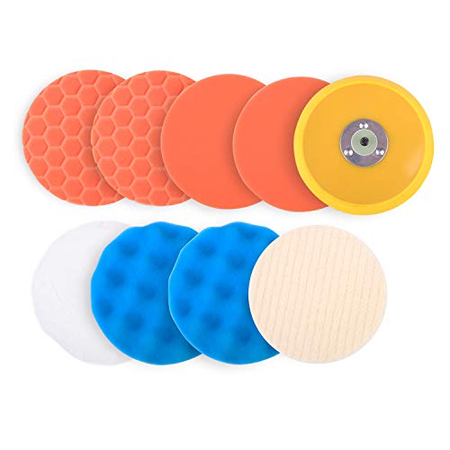 MANUSAGE 9pcs 6-Inch Polishing Pads Kit with 6 Car Foam Buffing Sponge Pads,2 Woolen Pads,5/16" M8 Hook & Loop Backing Plate for Polishing,Sanding,Waxing,Sealing Glaze