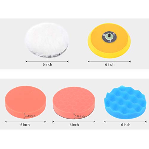 MANUSAGE 9pcs 6-Inch Polishing Pads Kit with 6 Car Foam Buffing Sponge Pads,2 Woolen Pads,5/16" M8 Hook & Loop Backing Plate for Polishing,Sanding,Waxing,Sealing Glaze