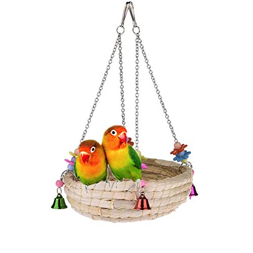 Bird Nest Swing Bed Toy with Bell Woven Straw for Parrot Parakeet Cockatiel African Grey Cockatoo Conure Budgie Canary Lovebird Finch Cage Accessories