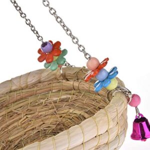 Bird Nest Swing Bed Toy with Bell Woven Straw for Parrot Parakeet Cockatiel African Grey Cockatoo Conure Budgie Canary Lovebird Finch Cage Accessories