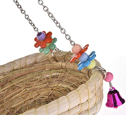 Bird Nest Swing Bed Toy with Bell Woven Straw for Parrot Parakeet Cockatiel African Grey Cockatoo Conure Budgie Canary Lovebird Finch Cage Accessories