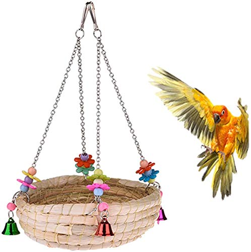 Bird Nest Swing Bed Toy with Bell Woven Straw for Parrot Parakeet Cockatiel African Grey Cockatoo Conure Budgie Canary Lovebird Finch Cage Accessories