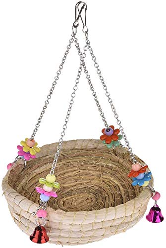 Bird Nest Swing Bed Toy with Bell Woven Straw for Parrot Parakeet Cockatiel African Grey Cockatoo Conure Budgie Canary Lovebird Finch Cage Accessories