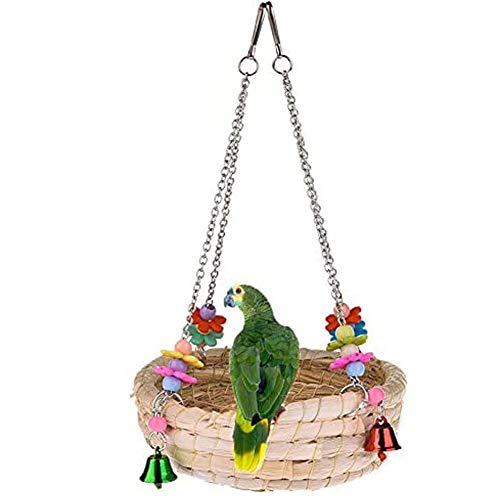 Bird Nest Swing Bed Toy with Bell Woven Straw for Parrot Parakeet Cockatiel African Grey Cockatoo Conure Budgie Canary Lovebird Finch Cage Accessories