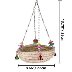 Bird Nest Swing Bed Toy with Bell Woven Straw for Parrot Parakeet Cockatiel African Grey Cockatoo Conure Budgie Canary Lovebird Finch Cage Accessories