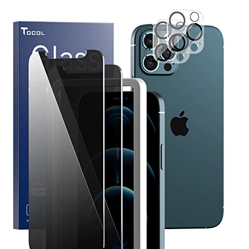 TOCOL 2+2 Pack Compatible for iPhone 12 Pro Max, Not for iPhone 12 Pro 2 Pack Privacy Tempered Glass Screen Protector and 2 Pack Tempered Glass Camera Lens Protector Bubble Free Case Friendly - Black