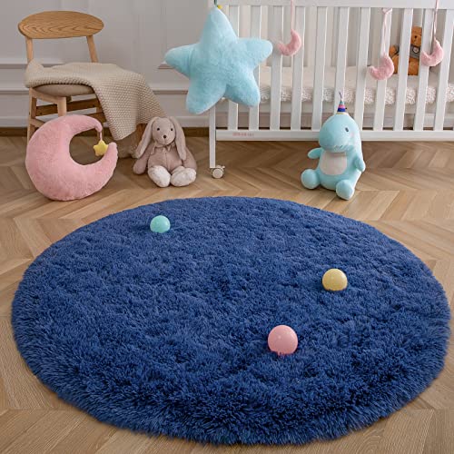 Goideal Soft Round Shaggy Rug, 4 x 4 Feet Light Navy Fluffy Circle Rug for Boys Girls, Fuzzy Cute Bedroom Rug, Circle Plush Floor Carpet for Nursery Room Decor