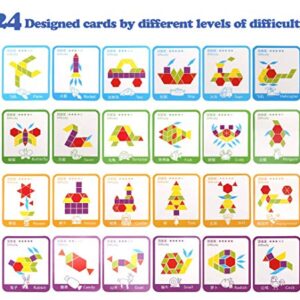 155 Pcs Wooden Pattern Blocks Set - Geometric Shape Puzzle Kindergarten Classic STEM Educational Montessori Tangram Toys with 24 Pcs Design Cards for Kids Boys Girls Ages Over 36 Months