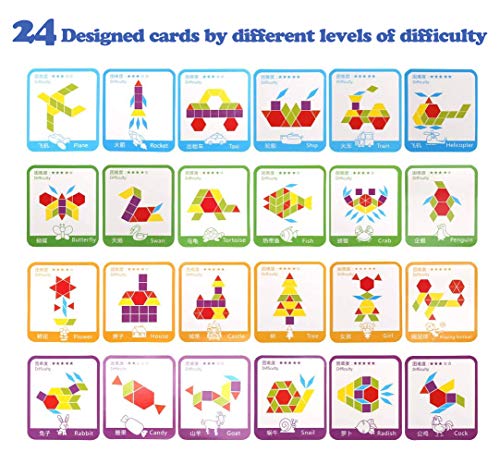 155 Pcs Wooden Pattern Blocks Set - Geometric Shape Puzzle Kindergarten Classic STEM Educational Montessori Tangram Toys with 24 Pcs Design Cards for Kids Boys Girls Ages Over 36 Months