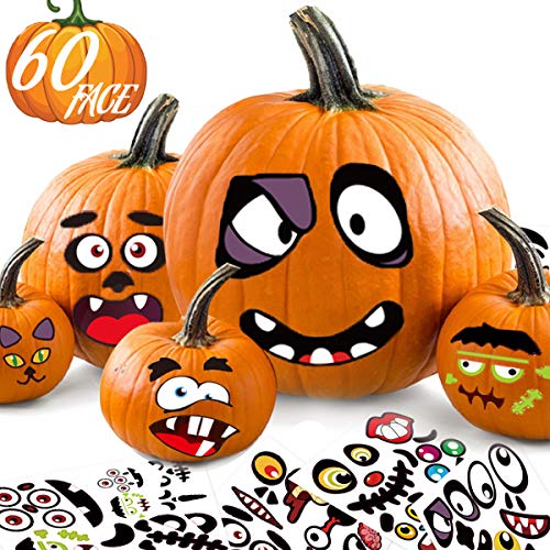 Pumpkin Decorating Halloween Stickers for Kids - Make 60 Funny Face and Classic Pumpkin Expressions Crafts, Holiday Decor Kit Party Best Gift for Kids - 12 Sheet