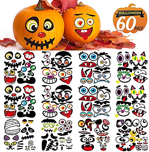 Halloween pumpkin decal, Jake-o lamp surface decal kit for pumpkins and squash, 60 cute emoticon craft decals creative gifts for Halloween therapy party supplies