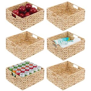 mdesign hyacinth braided woven kitchen basket bin with built-in handles for organizing kitchen pantry, cabinet, cupboard, countertop, shelves - holds food, drinks, snacks - 6 pack - natural/tan