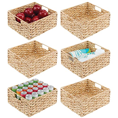 mDesign Hyacinth Braided Woven Kitchen Basket Bin with Built-in Handles for Organizing Kitchen Pantry, Cabinet, Cupboard, Countertop, Shelves - Holds Food, Drinks, Snacks - 6 Pack - Natural/Tan