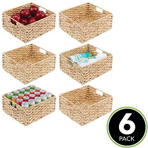 mDesign Hyacinth Braided Woven Kitchen Basket Bin with Built-in Handles for Organizing Kitchen Pantry, Cabinet, Cupboard, Countertop, Shelves - Holds Food, Drinks, Snacks - 6 Pack - Natural/Tan