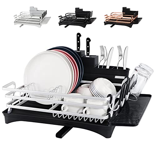 Aluminum Dish Drying Rack, ROTTOGOON Rustproof Dish Rack and Drainboard Set with Drainage, Utensil Holder, Cup Holder, Compact Dish Drainer for Kitchen Counter Cabinet, 16.5"L x 11.8"W, Black & Silver