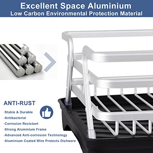 Aluminum Dish Drying Rack, ROTTOGOON Rustproof Dish Rack and Drainboard Set with Drainage, Utensil Holder, Cup Holder, Compact Dish Drainer for Kitchen Counter Cabinet, 16.5"L x 11.8"W, Black & Silver