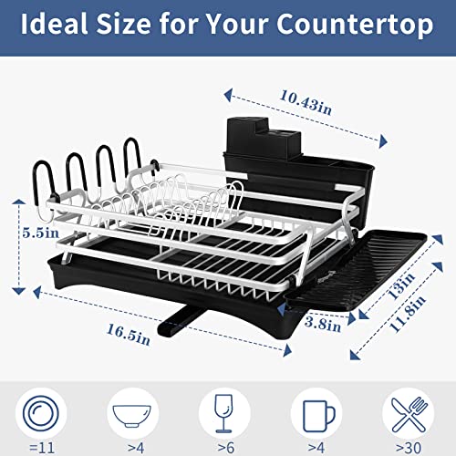 Aluminum Dish Drying Rack, ROTTOGOON Rustproof Dish Rack and Drainboard Set with Drainage, Utensil Holder, Cup Holder, Compact Dish Drainer for Kitchen Counter Cabinet, 16.5"L x 11.8"W, Black & Silver