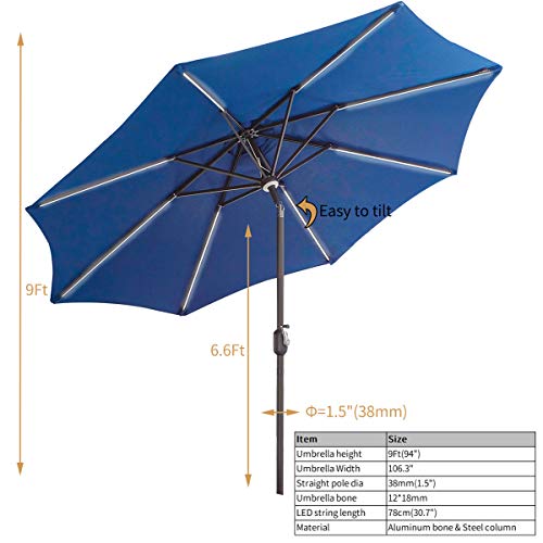 Romayard 9Ft Solar Lighted 80 LED Patio Umbrella with 8 Aluminum Ribs/Tilt Adjustment and Crank Lift System,Table Market Patio Umbrella for Outdoor