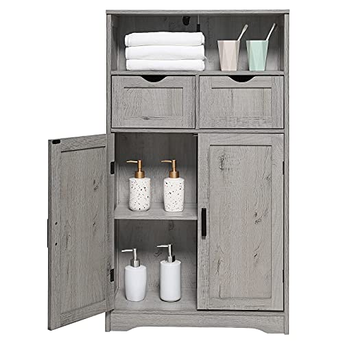 Iwell Large Storage Cabinet, Bathroom Storage Cabinet with 2 Drawers & 2 Shelves, Floor Cabinet for Living Room, Bedroom, Home Office, Grey