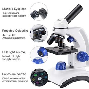 Vanstarry Beginners Microscope Kit 40X-1000X for Kids & Students, Dual LED Lights and Cordless Capability, Illumination Lab Compound Monocular Microscopes with Optical Glass Lenses & 12 Slides