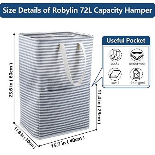 Robylin 72L Collapsible Laundry Hamper, Freestanding Laundry Basket with Classified Pocket, Large Foldable Clothes Basket with Extended Handles for Storing Clothes/toys, etc, Grey